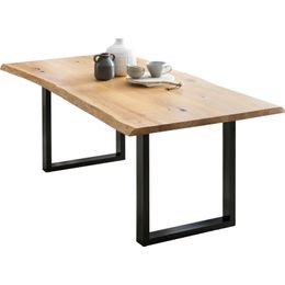 Esstisch Salesfever "Design-Speisetisch f&uuml;r stilvolles Ambiente", schwarz (natur, schwarz, schwarz, natur), B:200cm H:75cm T:100cm, Tische, Esstisch, UV-lackierte Eichenholz-Tischplatte, 40mm