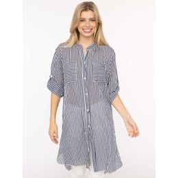 Longbluse Zwillingsherz ""Kida"", Damen, marine, Web, Obermaterial: 100% Baumwolle, comfort fit lang, V-Ausschnitt, Krempelärmel 1-Knopf-Manschette, Blusen Longbluse
