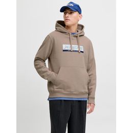 Jack & Jones Kapuzensweatshirt JACK & JONES "JORINWOOD BLOCK BRANDING SWEAT HOOD", Herren, Gr. M, grau (mocha meringue), angeraute Sweatware, Obermaterial: 70% Baumwolle, 30% Polyester, bedruckt, regular fit normal, Rippb&uuml;ndchen, Sweatshirts