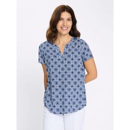 Schlupfbluse Classic Basics, Damen, Gr. 38, blau (jeansblau, ecru, bedruckt), 100% Viskose, gemustert, mehrfarbig, Rundhals, Blusen Schlupfbluse