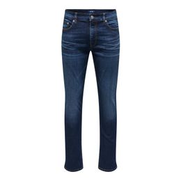Only & Sons Slim-fit-Jeans ONLY & SONS "ONSLOOM SLIM 5748 EY BOX JEANS MU", Damen, Gr. 28, Länge 32, dunkelblau denim, Denim/Jeans, Obermaterial: 65% Baumwolle, 18% Polyester, 15% Viskose, 2% Elasthan, unifarben, slim fit knöchellang, Jeans Slim-fit-Jeans