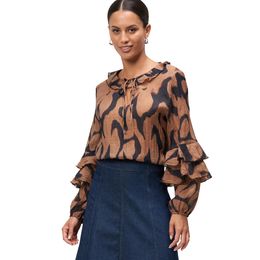 Crinklebluse Zero "Damen mit Volants", Damen, Gr. 34, schwarz (schwarzcamel), Web, Obermaterial: 75% Lyocell, 25% Polyamid, bedruckt, figurumspielend normal, weit B&uuml;ndchen mit Gummizug, Blusen