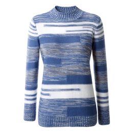 Stehkragenpullover Classic Basics "Pullover", Damen, Gr. 40, blau (blau, meliert), 100% Polyacryl, gemustert, gestreift, mehrfarbig, meliert, Pullover Stehkragenpullover