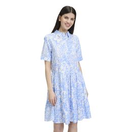 Blusenkleid Cartoon "Damen mit Taschen", Damen, Gr. 44, Normalgr&ouml;&szlig;en, blau (wei&szlig;, blau), Obermaterial: 71% Baumwolle, 25% Polyamid, 04% Elasthan., ausgestellt kurz, Rundhals, Kleider Blusenkleid, Form