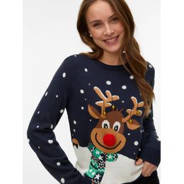V&eacute;ro Moda VERO MODA Damen Weihnachtspullover "VMFROSTYDEER LS O-NECK PULL. XMAS BOX"navy blazer detail:mr. option, Gr. S, gemustert, Strick, Obermaterial: 100%