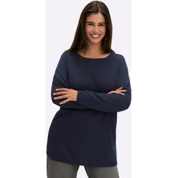 Rundhalspullover sheego "Rundhalspullover", Damen, Gr. 40/42, tiefblau, 70% Viskose, 17% Leinen, 13% Polyester, unifarben, Pullover Rundhalspullover