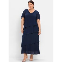 Cocktailkleid sheego "Abendkleid", Damen, Gr. 52, Normalgr&ouml;&szlig;en, blau (marine), Chiffon, 100% Polyester, unifarben, lang, V-Ausschnitt, Kleider