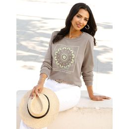 Sweatshirt Classic Basics, Damen, Gr. 38, taupe, lindgr&uuml;n, 100% Baumwolle, bedruckt, gemustert, mehrfarbig, Rundhals, Sweatshirts Sweatshirt