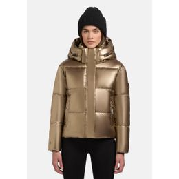 Steppjacke Khujo "Devina Shiny-YM", Damen, Gr. L (40), gold (goldfarben), Obermaterial: 50% Polyurethan, 50% Polyester; Futter: 100% Nylon; Wattierung: 100% Polyester, weit h&uuml;ftbedeckend, hoch geschlossener Ausschnitt, &Auml;rmel ohne &Auml;rmelschlitz normaler Saum, Jacken Steppjacke, Gl&auml;nzende kurze Winterjacke f&uuml;r Damen