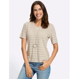 V-Shirt Inspirationen "V-Shirt", Damen, Gr. 36, beige (ecru, sand, gemustert), 70% Polyester, 25% Viskose, 5% Elasthan, gemustert, gestreift, mehrfarbig, V-Ausschnitt, Shirts