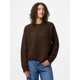 Strickpullover Pieces "PCCLEO LS O-NECK CHUNKY KNIT NOOS BC", Damen, Gr. L, braun (hot fudge detail:melange), Strick, Obermaterial: 76% Polyester, 16% Nylon, 6% Wolle, 2% Elasthan, meliert, relaxed fit h&uuml;ftlang, Rundhals, Rippb&uuml;ndchen, Pullover Strickpullover