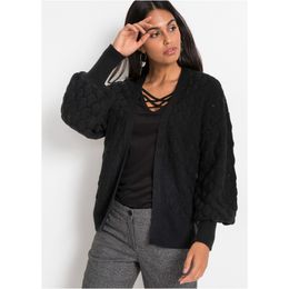 Ajourstrickjacke bonprix "Ajour-Strickjacke", Damen, Gr. 44/46 (L), schwarz, Obermaterial: 100% Polyacryl, oversize, Strickjacken Ajourstrickjacke, Ajour-Strickjacke