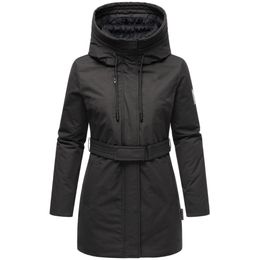 Winterjacke Navahoo "Eishauch 14", Damen, Gr. L (40), schwarz, Obermaterial: 55% Nylon, 45% Baumwolle; Innenfutter: 100% Polyester; Wattierung: 100% Polyester; Ärmelfutter: 100% Polyester, figurumspielend Po-bedeckend, hoch geschlossener Ausschnitt, eng Rippstrickbündchen, Jacken Winterjacke, Damen Winterparka mit Taillengürtel und Fleece-Kragen