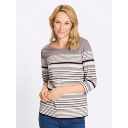 3/4-Arm-Shirt Classic Basics "3/4-Arm-Shirt", Damen, Gr. 38, grau (steingrau, ecru, geringelt), 100% Baumwolle, gemustert, gestreift, mehrfarbig, Rundhals, Shirts 3/4-Arm-Shirt