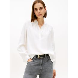 Langarmbluse Tommy Hilfiger "VIS TWILL V-NK BLOUSE", Damen, Gr. 40, wei&szlig; (ecru), Web, Obermaterial: 100% Viskose, unifarben, regular fit normal, Rundhals, Blusen