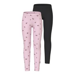 name it Mädchen Leggings "NKFVIVIAN 2P AOP LEGGING"schwarz, Gr. 98, gemustert, unifarben, Single Jersey, Obermaterial: 95% Baumwolle, 5% Elasthan,