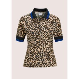 Madeleine Mode MADELEINE Damen Kurzarmshirt "Poloshirt Modernes Shirt mit Leo-Print", schwarz, Modern, Gr. 34, Obermaterial: 90% Baumwolle CO. 10% Elasthan EL.,