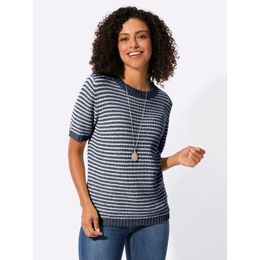 Kurzarmpullover Casual Looks "Kurzarm-Pullover", Damen, Gr. 42, blau (marine, ecru, geringelt), 50% Baumwolle, 50% Polyacryl, gemustert, mehrfarbig, Pullover