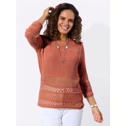 3/4 Arm-Pullover Casual Looks "Ajour-Pullover", Damen, Gr. 48, papaya, 50% Baumwolle, 50% Polyacryl, unifarben, Pullover