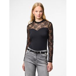 Pieces Damen Langarmbody "PCMILLY LS LACE BODYSTOCKING NOOS", Gr. XXL, schwarz, Spitze, Obermaterial: 92% Polyamid, 8% Elasthan, unifarben, Bodys