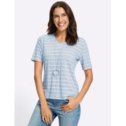 V-Shirt Inspirationen "V-Shirt", Damen, Gr. 44, ecru, hellblau, gemustert, 70% Polyester, 25% Viskose, 5% Elasthan, gemustert, gestreift, mehrfarbig, V-Ausschnitt, Shirts