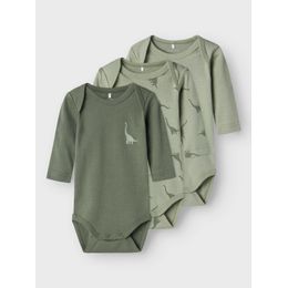 Langarmbody name it "NBMBODY 3P LS GREEN DINO NOOS", Jungen, Gr. 56, N-Gr, grün (agave grün), Jersey, Obermaterial: 100% Baumwolle, bedruckt, Rundhals, Bodys