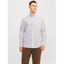 Jack & Jones Langarmhemd JACK & JONES "JJEOXFORD SHIRT LS NOOS", Herren, Gr. XL, N-Gr, beige (crockery stripes:stripes), Web, Obermaterial: 100% Baumwolle, gestreift, slim fit, Ärmel mit Ärmelschlitz 2-Knopf-Manschette, Hemden