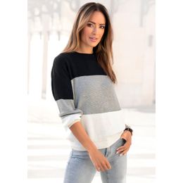 Strickpullover Lascana, Damen, Gr. 40/42, schwarz-wei&szlig; (schwarz, grau, creme), Strick, Obermaterial: 50% Baumwolle, 50% Polyacryl, colorblocking, figurumspielend h&uuml;ftlang, Rundhals, Rippstrickb&uuml;ndchen, Pullover Strickpullover, mit Colorblock-Streifen, Damenpullover aus Baumwoll-Mix, Topseller