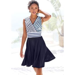 Sommerkleid Lascana, Damen, Gr. 38, N-Gr, weiß, navy gestreift, Single Jersey, Obermaterial: 95% Polyester, 5% Elasthan, gestreift, unifarben, figurumspielend kniefrei, tiefer V-Ausschnitt, Kleider Sommerkleid, in Wickeloptik, Strandkleid, maritim