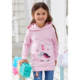 Kapuzensweatshirt Kidsworld "Longsweatshirt mit niedlichem Einhorn", M&auml;dchen, Gr. 92/98, rosa, Sweatware, Obermaterial: 100% Baumwolle, bedruckt, Basic Po-bedeckend, B&uuml;ndchen, Sweatshirts, Langarm, Basic-Passform, bedruckt, mit Kapuze, aus Baumwolle