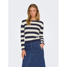 Jacqueline de Yong Rundhalspullover JDY "JDYPLUM L/S O-NECK PULLOVER KNT NOOS", Damen, Gr. S, blau (sky captain stripes:w eggnog stripes), Strick, Obermaterial: 80% Viskose, 20% Nylon, geringelt, gestreift, figurbetont h&uuml;ftlang, Rundhals, Strickkante, Pullover Rundhalspullover