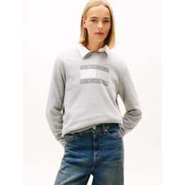 Sweatshirt Tommy Jeans "TJW REG TJ FLAG CREW", Damen, Gr. L (40), tonal mid grau htr, Sweatware, Obermaterial: 100% Baumwolle, meliert, regular fit, Rundhals, Rippb&uuml;ndchen, Sweatshirts Sweatshirt