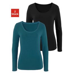Langarmshirt Vivance "aus elastischer Baumwoll-Qualit&auml;t", Damen, Gr. 48/50, gr&uuml;n (petrol, schwarz), Single Jersey, Obermaterial: 95% Baumwolle, 5% Elasthan, unifarben, Basic, bequem normal, tiefer Rundhals, Shirts Langarmshirt, Topseller
