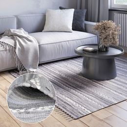 MyFlair M&Ouml;BEL & ACCESSOIRES Teppich &raquo;Sharon&laquo; rechteckig 10 mm H&ouml;he Flachgewebe, Fleckerl, 90% Baumwolle, handgewebt, mit Fransen grau/wei&szlig;...