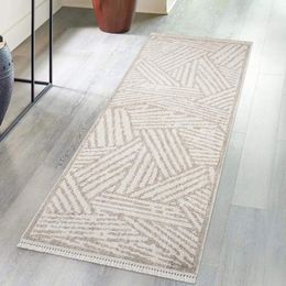 Carpet City Teppich &raquo;CLASICO 9161&laquo; rechteckig 11 mm H&ouml;he L&auml;ufer, Kurzflor, Hochtief-Muster, Boho, Fransen, Wohnzimmer beige Obermaterial: 100% Polyester