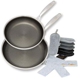 HENSSLERS Pfannen-Set »Kochbox Deluxe« Edelstahl Set, Pfanne 24 + 28 cm, Mikrofaser-Schwamm-Set 6 tlg., 2x Pfannen-Schoner, 10 Stk. tlg. Exklusives...