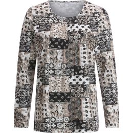 Damen Langarmshirt im Patchwork-Look schwarz-ecru-bedruckt, Gr&ouml;&szlig;e 56