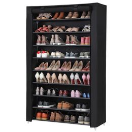 Boxxx Schuhregal Songmics, Schwarz, Metall, Kunststoff, Textil, 10 F&auml;cher, 100x162x28 cm, Garderobe, Schuhaufbewahrung, Schuhregale