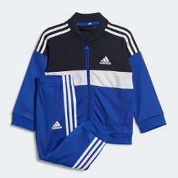 Trainingsanzug adidas Sportswear "TIBERIO 3-STREIFEN COLORBLOCK SHINY KIDS", Mädchen, Gr. 68, bunt (legend ink, weiß, semi lucid blau), Obermaterial: 100% Polyester, gestreift, Sportanzüge Trainingsanzug