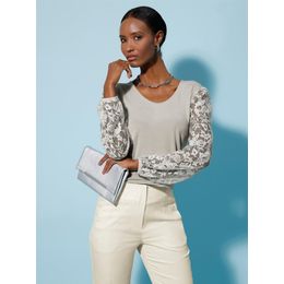 CR&Eacute;ATION L Langarmshirt CREATION L "Lyocell-Shirt", Damen, Gr. 52, hellgrau, 95% Lyocell, 5% Elasthan, Spitze:100% Polyester, unifarben, V-Ausschnitt, Shirts Langarmshirt