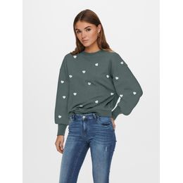 Sweatshirt Only "ONLBROOKE L/S O-NECK FLOWER SWT", Damen, Gr. L, balsam gr&uuml;n aop:small heart, Sweatware, Obermaterial: 60% Baumwolle, 40% Polyester, bedruckt, regular fit normal, Rundhals, Rippb&uuml;ndchen, Sweatshirts Sweatshirt