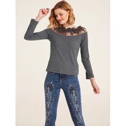 Langarmshirt Heine "Shirt", Damen, Gr. 38, grau, 50% Polyester, 45% Viskose, 5% Elasthan, Spitze:80% Baumwolle, 20% Polyester, unifarben, U-Boot-Ausschnitt, Shirts Langarmshirt