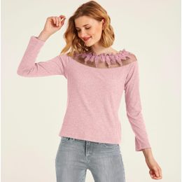 Langarmshirt Heine "Shirt", Damen, Gr. 42, rosa (softrose), 50% Polyester, 45% Viskose, 5% Elasthan, Spitze:80% Baumwolle, 20% Polyester, unifarben, U-Boot-Ausschnitt, Shirts Langarmshirt