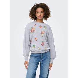Sweatshirt Only "ONLBROOKE L/S O-NECK FLOWER SWT", Damen, Gr. L, light grau melange print:autumn flowers, Sweatware, Obermaterial: 60% Baumwolle, 40% Polyester, regular fit normal, Rundhals, Rippb&uuml;ndchen, Sweatshirts Sweatshirt