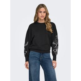 Sweatshirt Only "ONLBROOKE L/S O-NECK FLOWER SWT", Damen, Gr. L, schwarz print:magnolia flower sleeve puff, Sweatware, Obermaterial: 60% Baumwolle, 40% Polyester, regular fit normal, Rundhals, Rippb&uuml;ndchen, Sweatshirts Sweatshirt