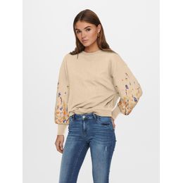 Sweatshirt Only "ONLBROOKE L/S O-NECK FLOWER SWT", Damen, Gr. L, pale khaki print:sleeve flower, Sweatware, Obermaterial: 60% Baumwolle, 40% Polyester, regular fit normal, Rundhals, Rippb&uuml;ndchen, Sweatshirts Sweatshirt