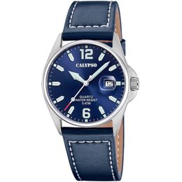 Quarzuhr Calypso Watches "Basic", blau (dunkelblau), Armbanduhren, Herren, Quarzuhr, Armbanduhr, Herrenuhr, Lederarmband, analog, Tag
