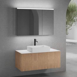 neoro n50 line Unterschrank B: 120 cm mit 1 Auszug, mit profilierter Eichenfront, Waschtisch B: 58 cm wei&szlig; matt, Konsole wei&szlig; matt, mit