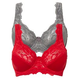 Minimizer-BH bonprix "Minimizer-BH mit gepolsterten Trägern (2er Pack)", Damen, Gr. 100, Cup C, rot (erdbeere, grau meliert), Obermaterial: 80% Polyamid, 20% Elasthan. Futter: 100% Baumwolle. Spitze: 90% Polyamid, 10% Elasthan, BHs Minimizer-BH, Minimizer-BH mit gepolsterten Trägern (2er Pack)