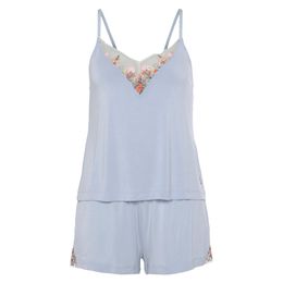 Shorty Lascana, Damen, Gr. 32/34, blau (hellblau), Single Jersey, Obermaterial: 95% Viskose, 5% Elasthan, unifarben mit Farbeins&auml;tzen, figurumspielend kurz, tiefer V-Ausschnitt, Homewear-Sets Shorty, mit h&uuml;bschen Spitzendetails
